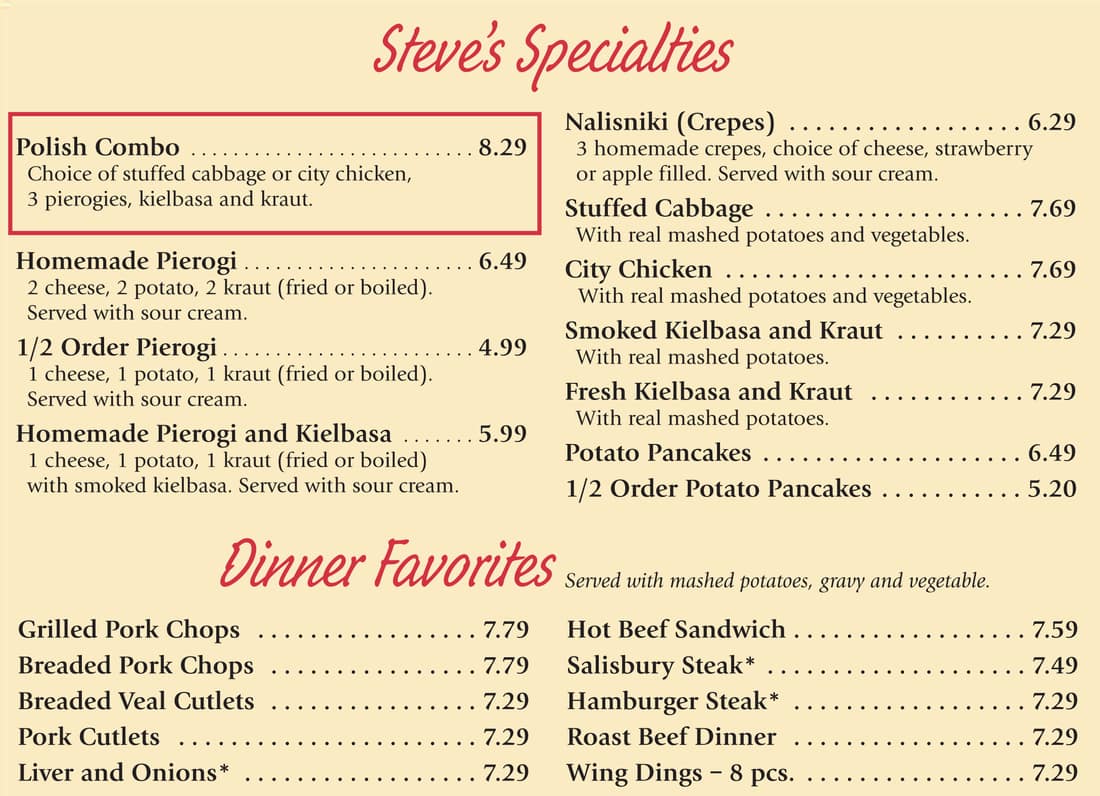 Menu at Steve's Family Dining restaurant, Livonia