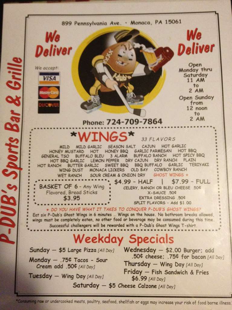 Menu at P-Dub’s Sports Bar, Monaca