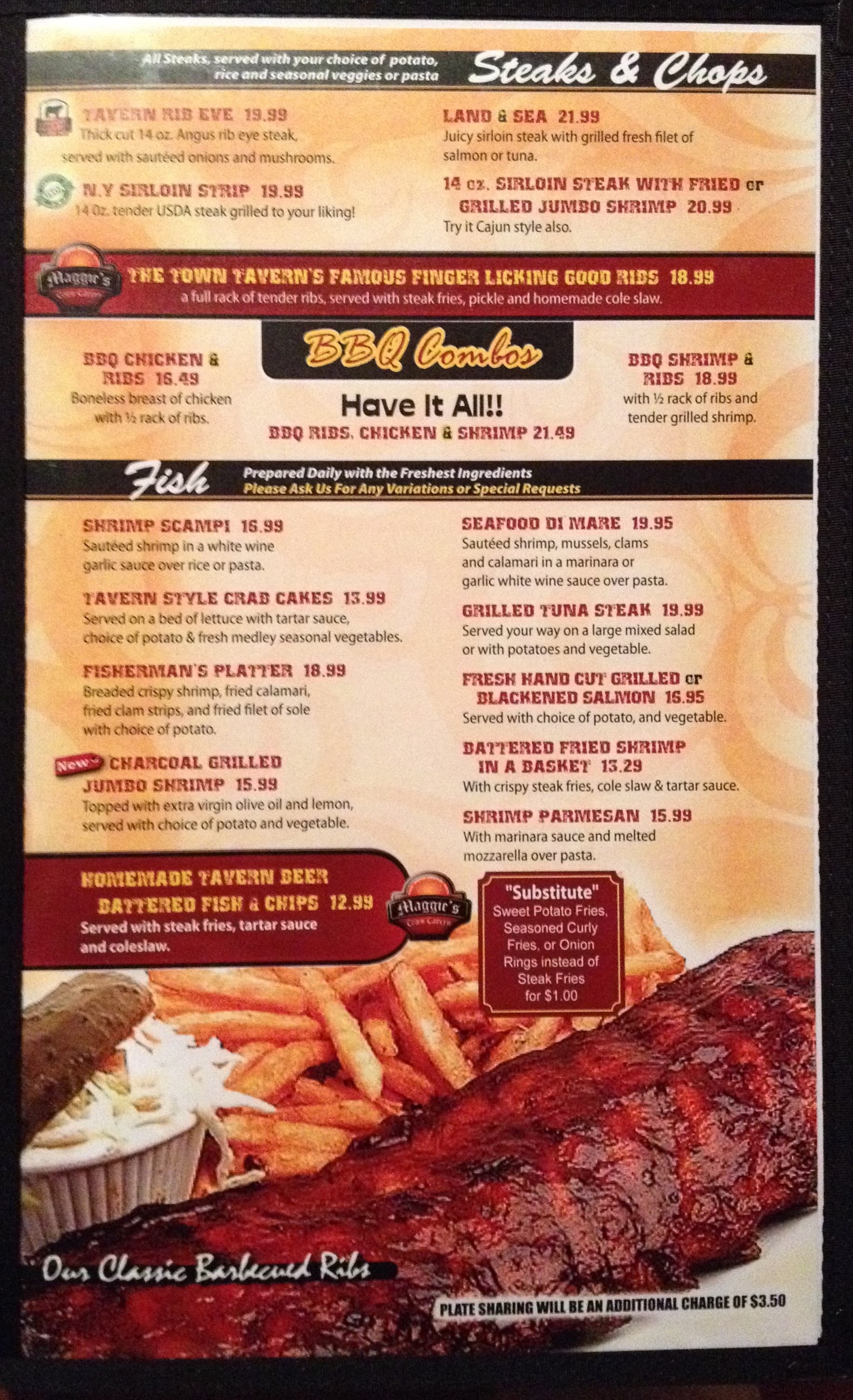 Menu at Town Tavern restaurant, Little Falls