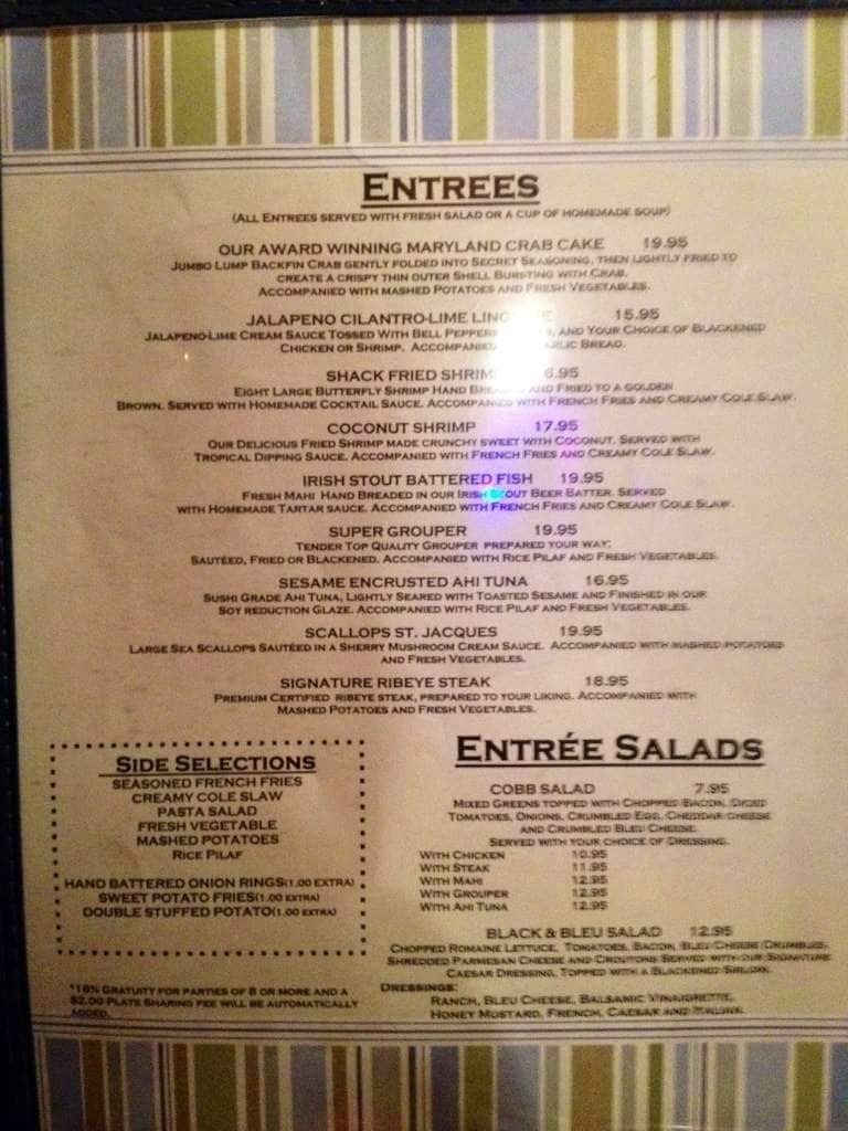 Menu at Turtle Shack cafe, Flagler Beach