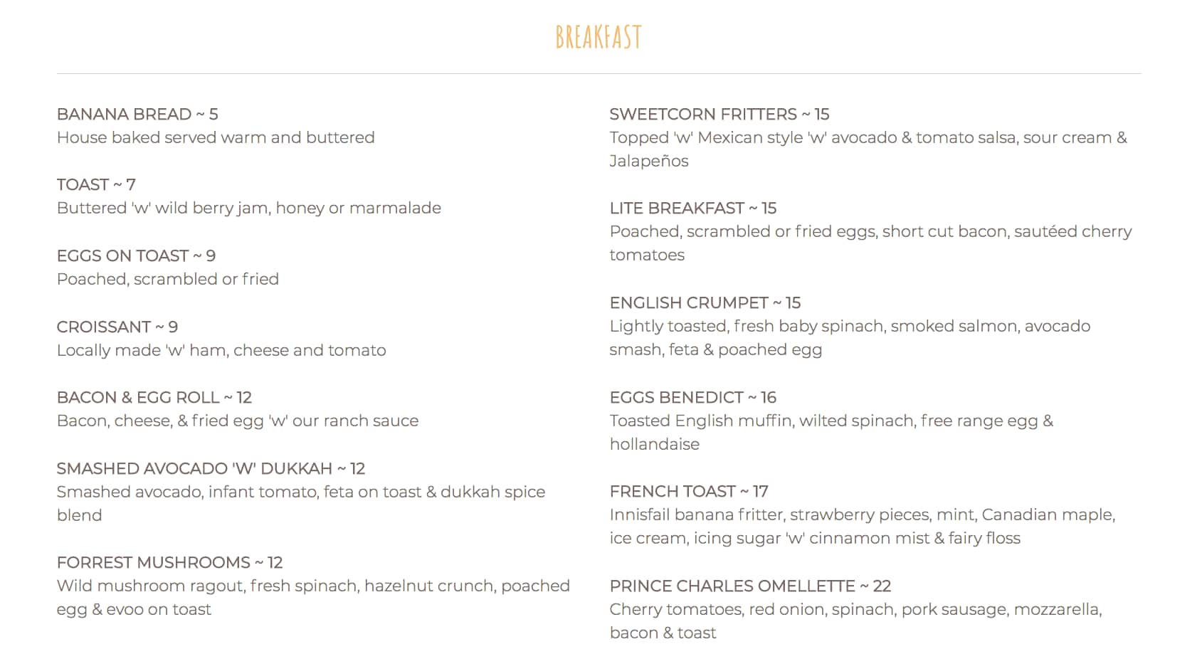 Menu at Underground cafe, Palm Cove