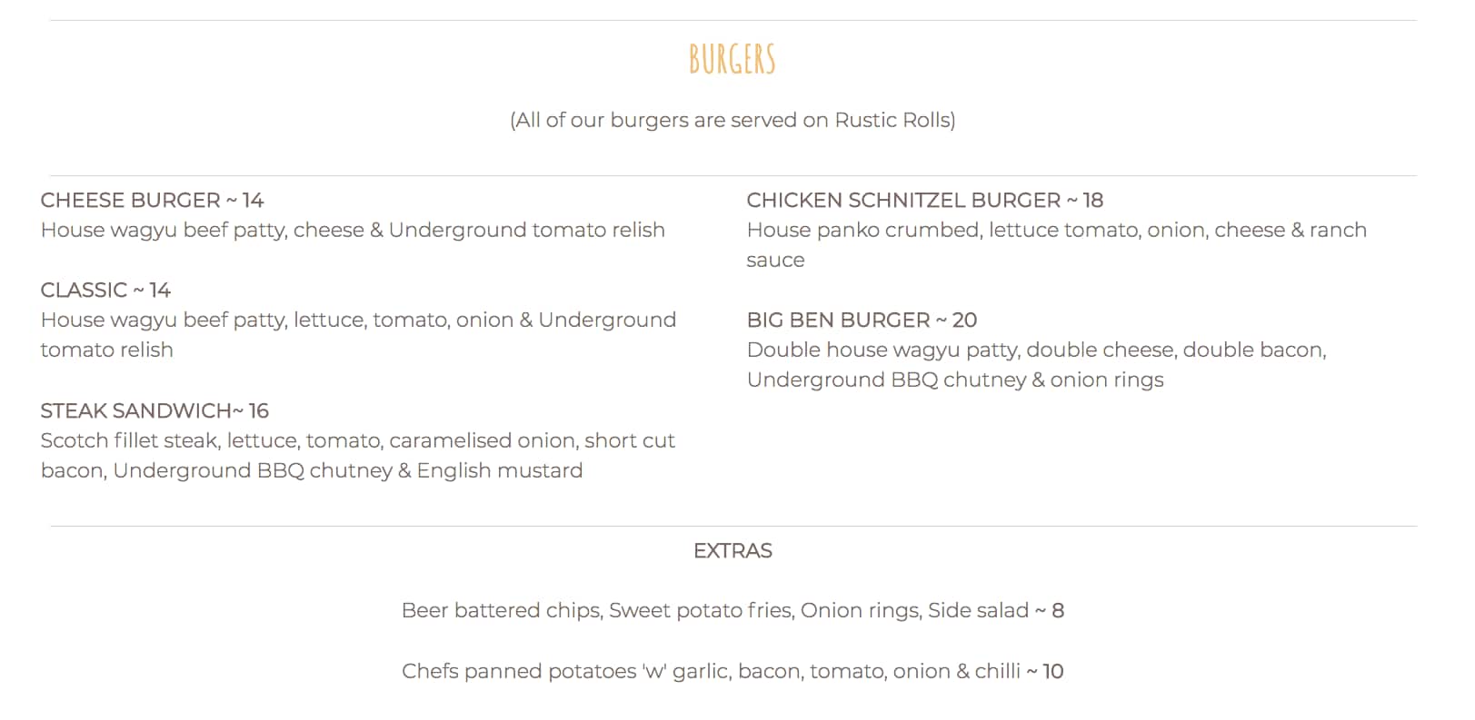 Menu at Underground cafe, Palm Cove