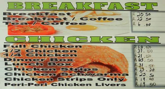 Menu at Dodo's Chicken restaurant, Bloemfontein