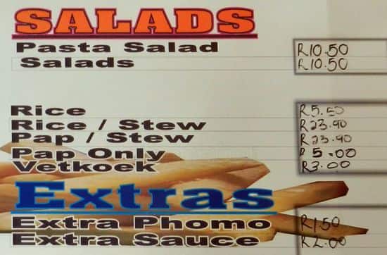 Menu at Dodo's Chicken restaurant, Bloemfontein