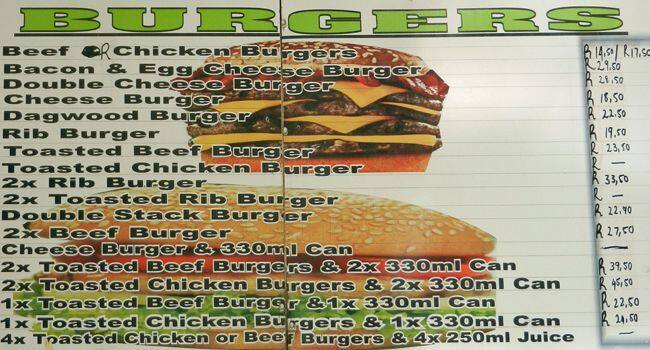 Menu at Dodo's Chicken restaurant, Bloemfontein