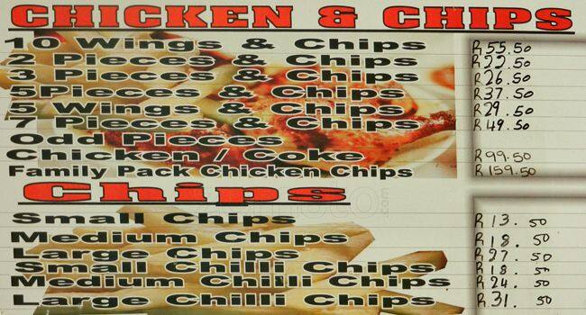 Menu at Dodo's Chicken restaurant, Bloemfontein