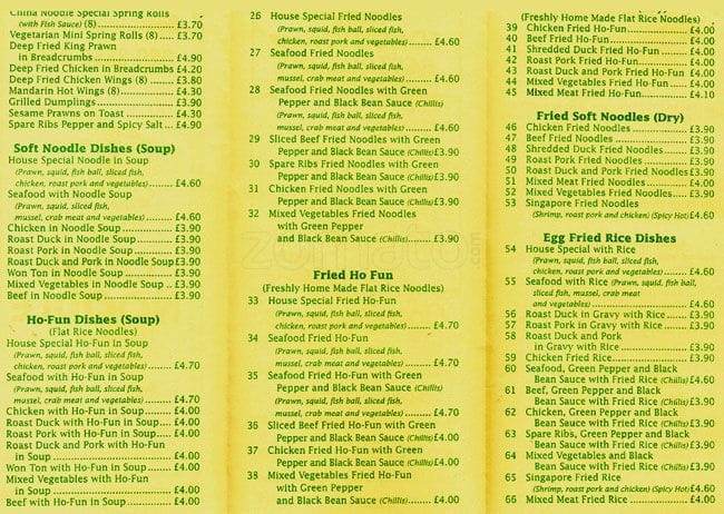 Menu at China Noodle restaurant, London