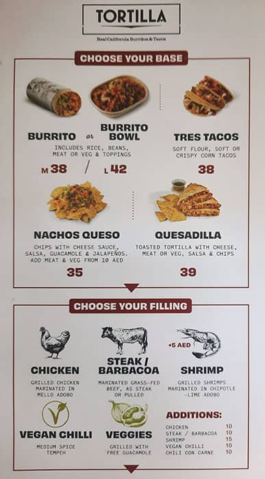 Menu of Tortilla, Al Maryah Island, Abu Dhabi