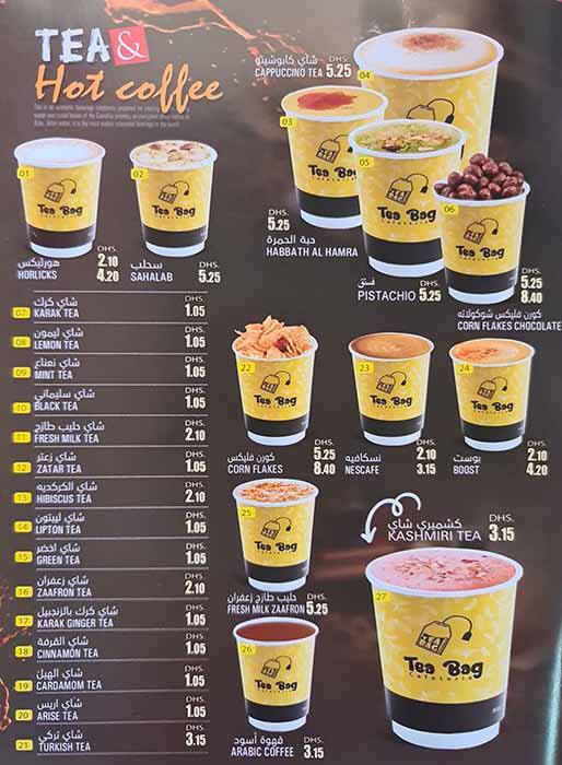 Menu at Tea Bag Cafeteria, Dubai