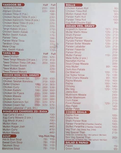 Menu of Angithi, Sector 56, Gurgaon