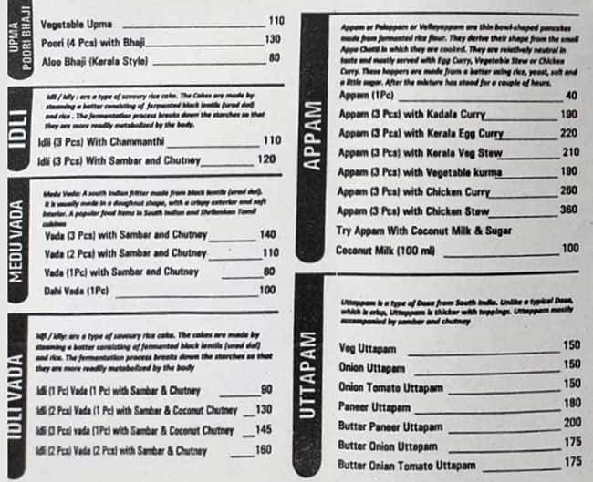 Menu of Mallu Jackson, Sector 11, Noida