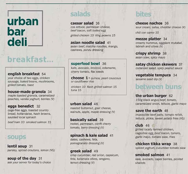 Menu of Urban Bar Deli, DAMAC Hills, Dubai