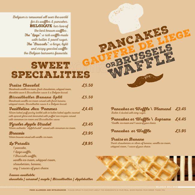 Menu at Belgique cafe, London, 29 Cambridge Park