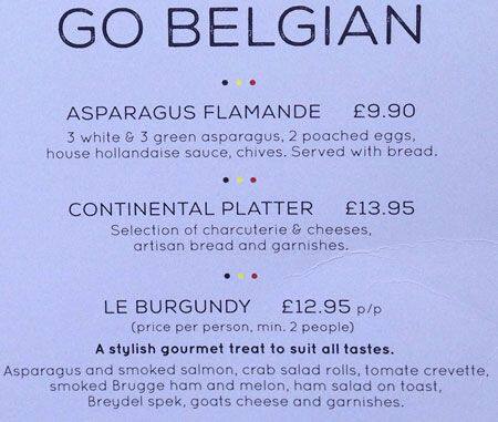 Menu at Belgique cafe, London, 29 Cambridge Park