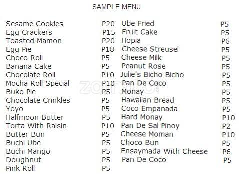 Carta del postres Julie's Bakeshop, Ciudad Quezon, Mindanao Avenue