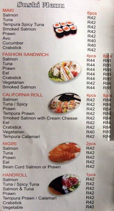 Menu at Asia Master restaurant, Cape Town