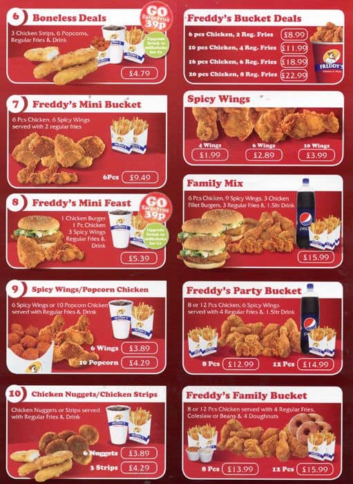 Menu at Freddy's restaurant, Manchester