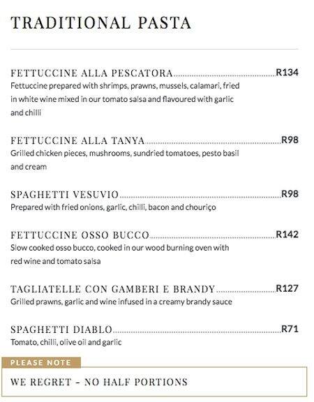 Menu at Villa San Giovanni Ristorante restaurant, Pretoria