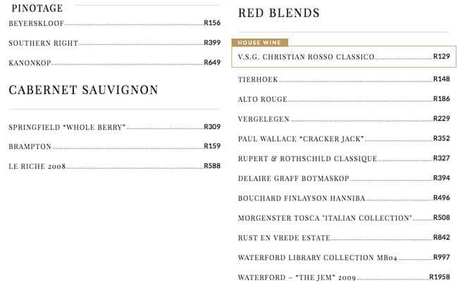 Menu at Villa San Giovanni Ristorante restaurant, Pretoria