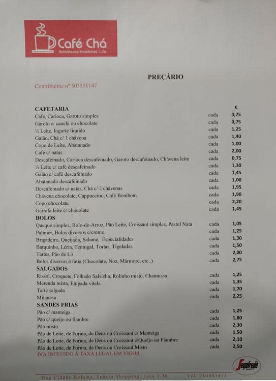 Menu at Segafredo, Lisbon, C. C. Spacio Shopping
