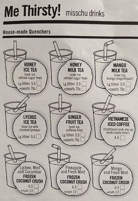 Menu at misschu restaurant, South Yarra, 276 Toorak Rd