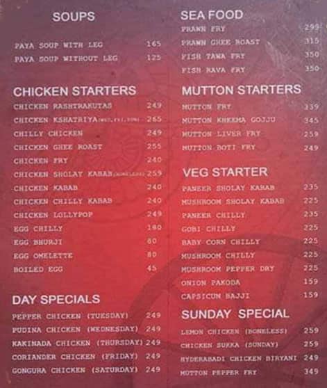 Menu of Rashtrakutas, HSR, Bangalore