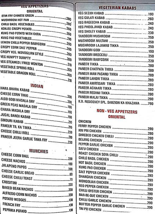 Menu at KD Residency - Hotel in Kalyan, Kalyan