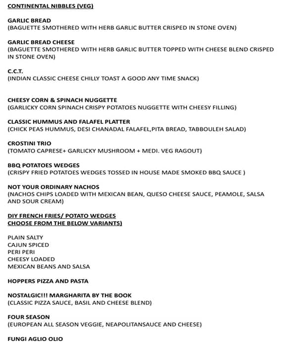 Menu of Hoppers Restro Cafe & Sports Arena, Bhayli, Vadodara