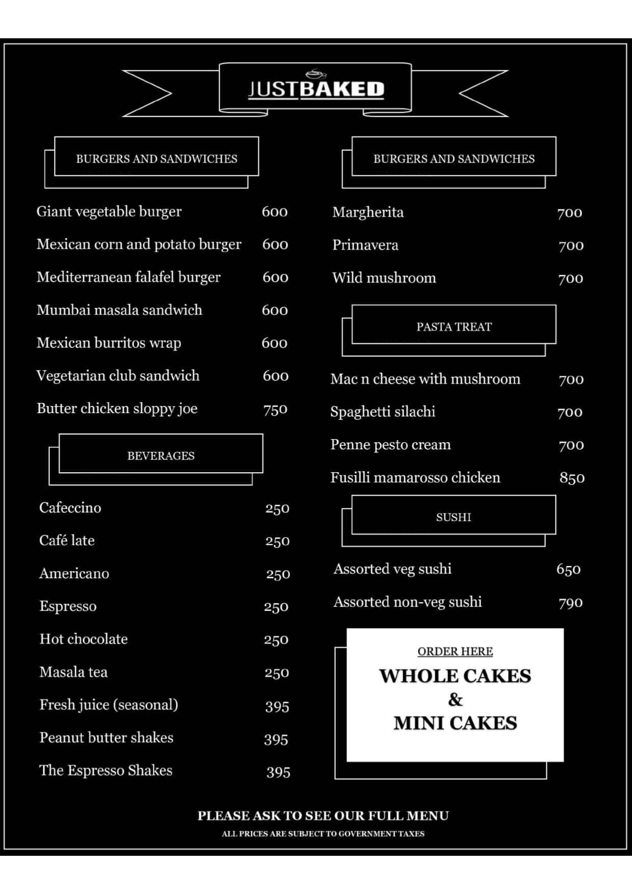 Menu of Just Baked, Barasat, Kolkata