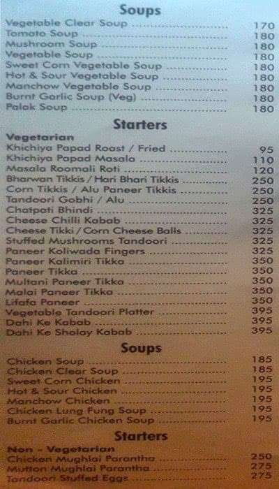 Menu of Sher-E-Punjab, Fort, Mumbai