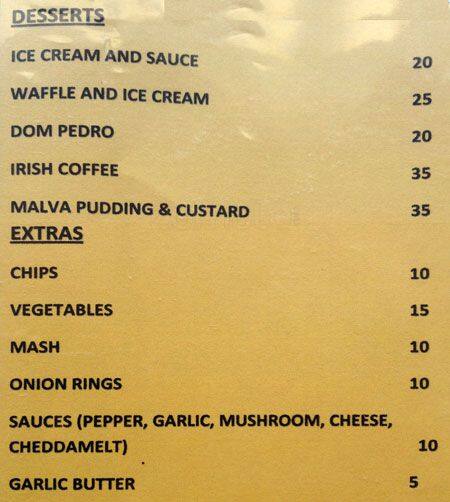 Menu at Affi Plaas restaurant, Stellenbosch