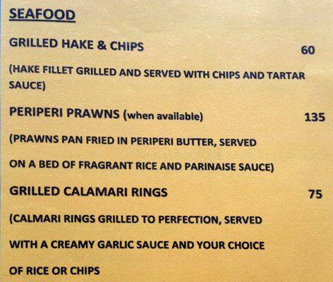 Menu at Affi Plaas restaurant, Stellenbosch