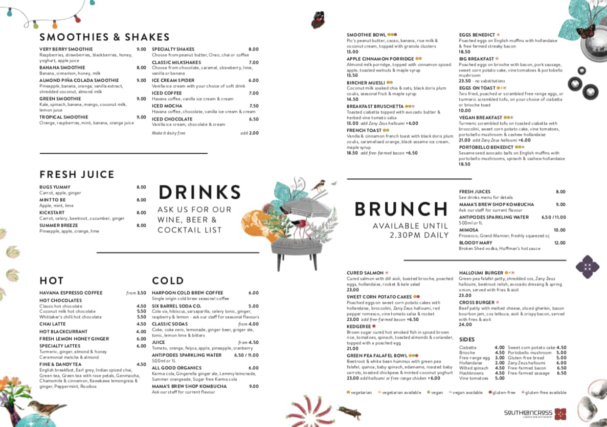 Menu at Southern Cross Garden Bar Restaurant, Wellington