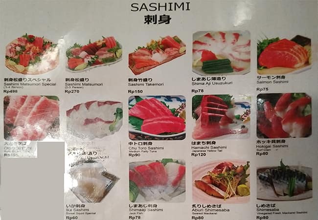 Menu at Marufuku restaurant, Jakarta
