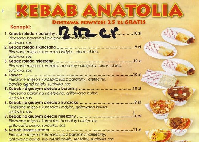 Menu at Kebab Anatolia restaurant, Warsaw