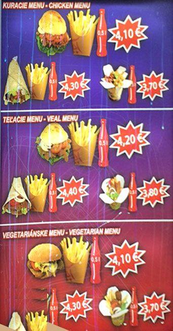 Menu at Happy Kebab restaurant, Bratislava
