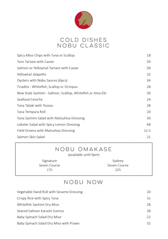 Carta del restaurante Nobu, Southbank, Crown Riverwalk