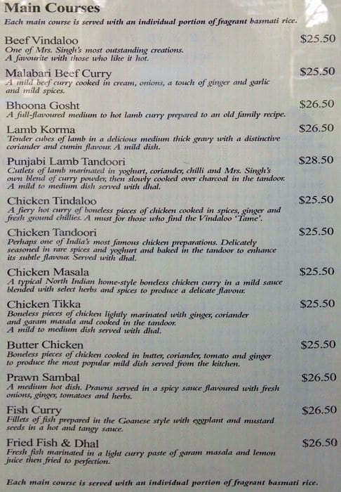Menu at Jasmin restaurant, Adelaide