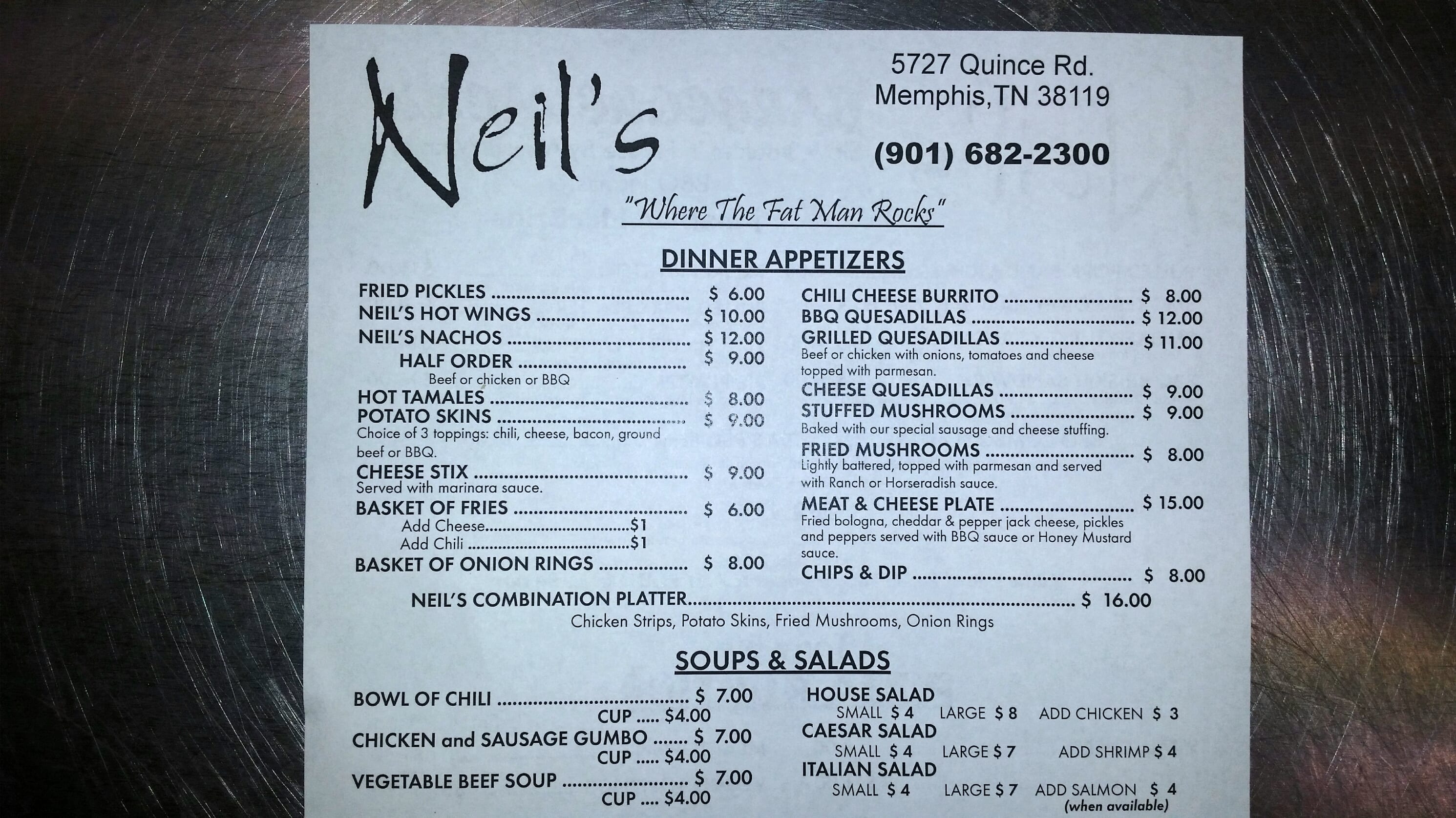 Menu at Neil's pub & bar, Memphis, Quince Rd