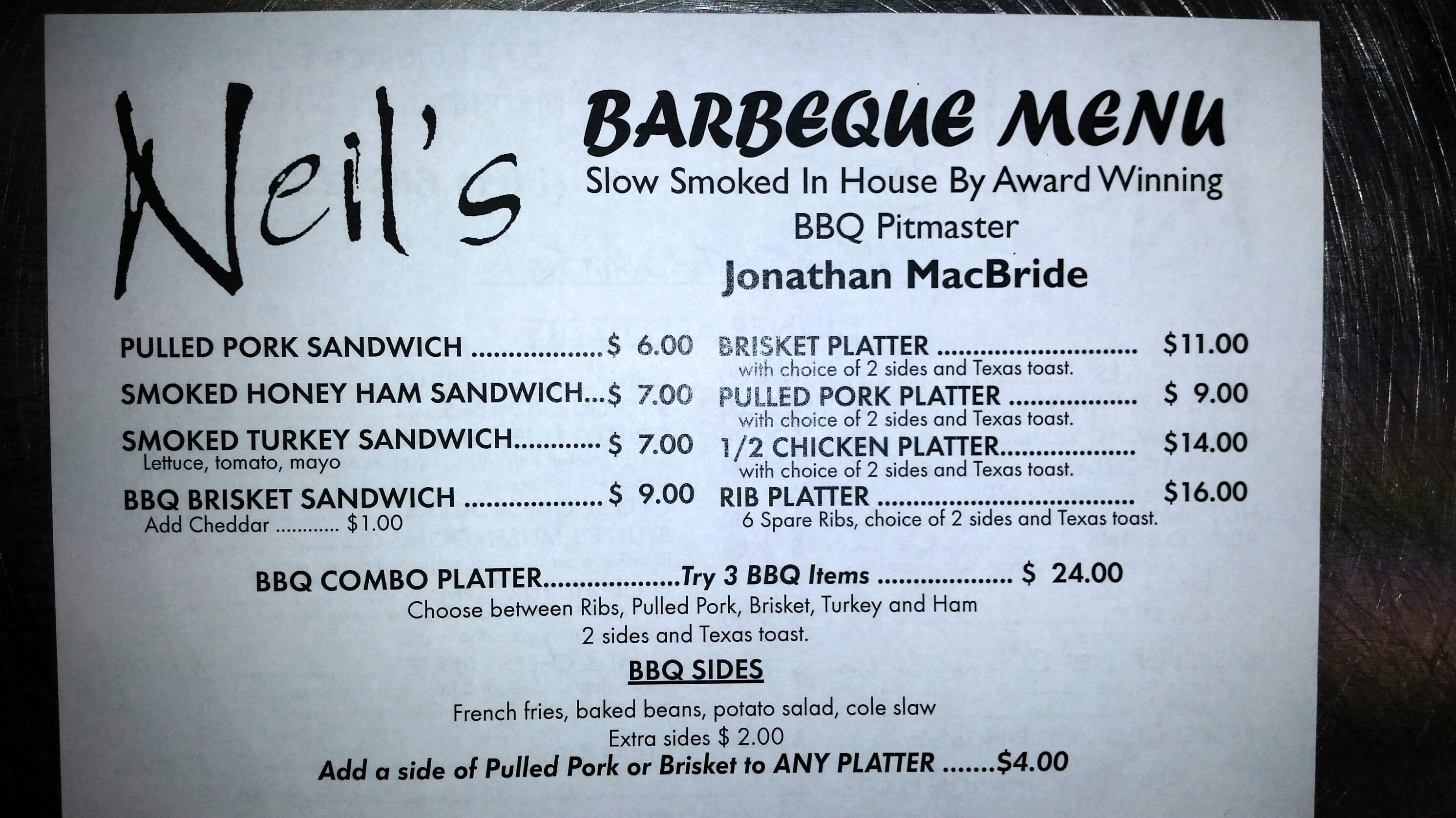 Menu at Neil's pub & bar, Memphis, Quince Rd