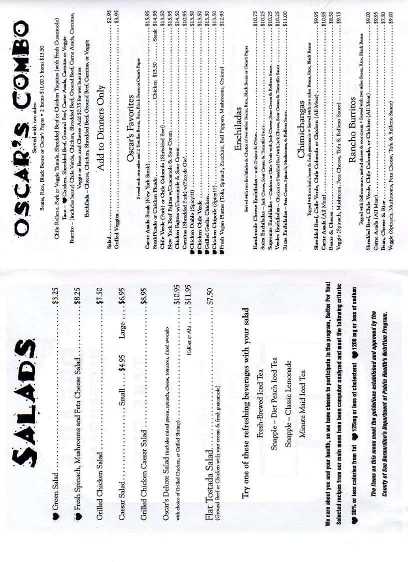 Menu at Oscars Mexican Restaurant, Redlands