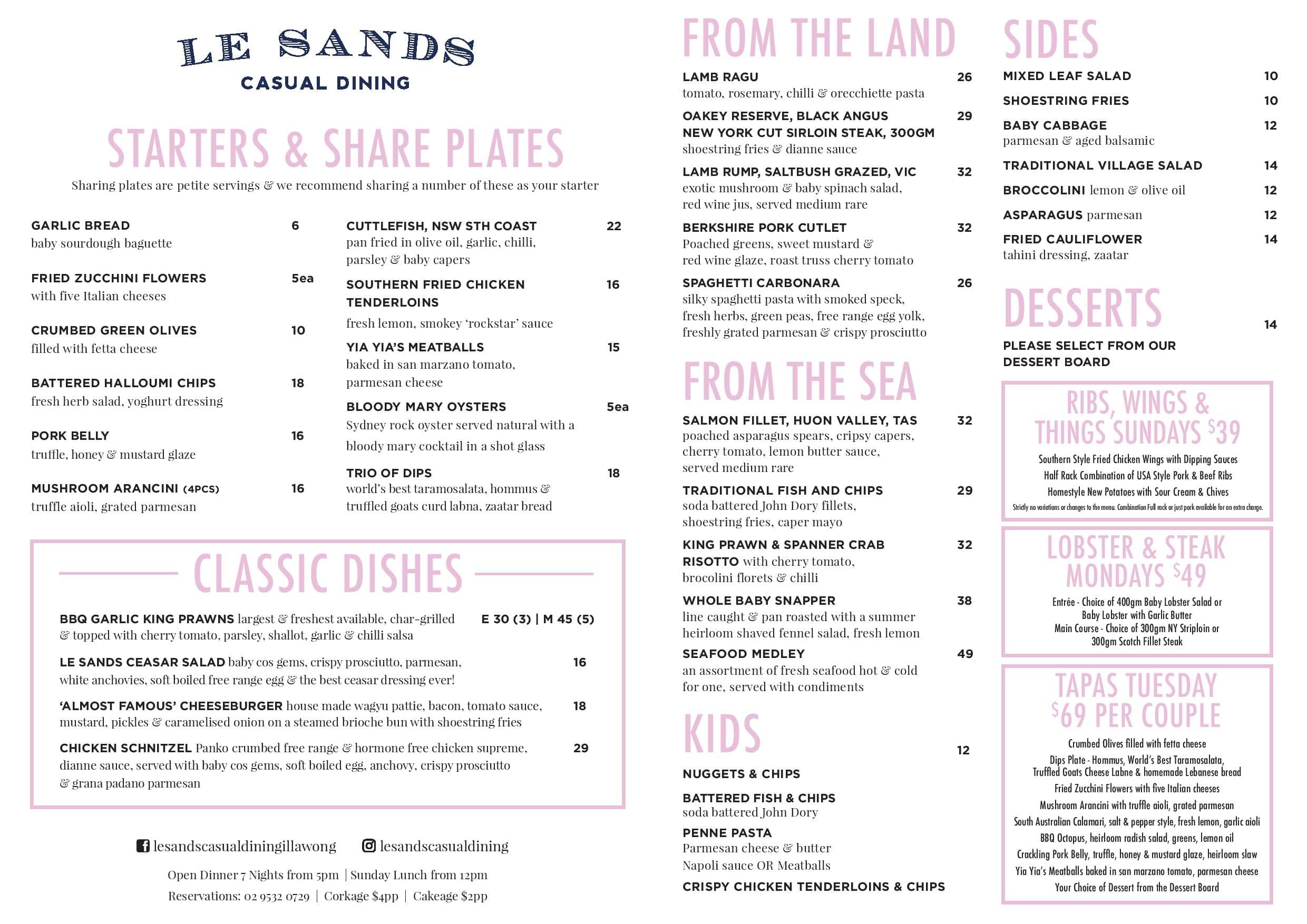 Menu at Le Sands Casual Dining restaurant, Illawong