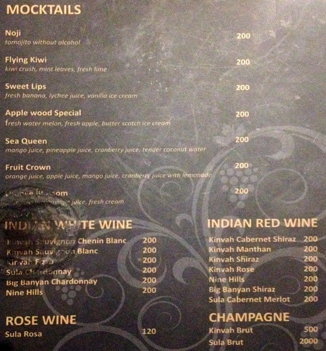 Menu at MJs, Bengaluru