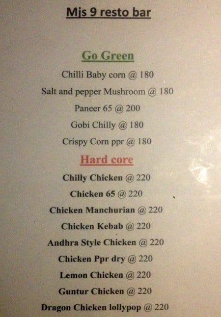 Menu at MJs, Bengaluru