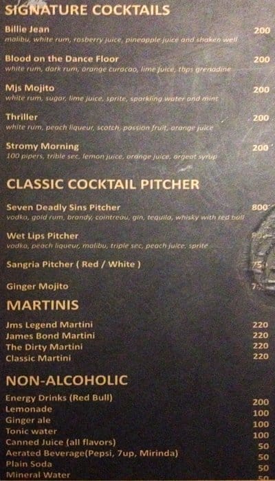 Menu at MJs, Bengaluru