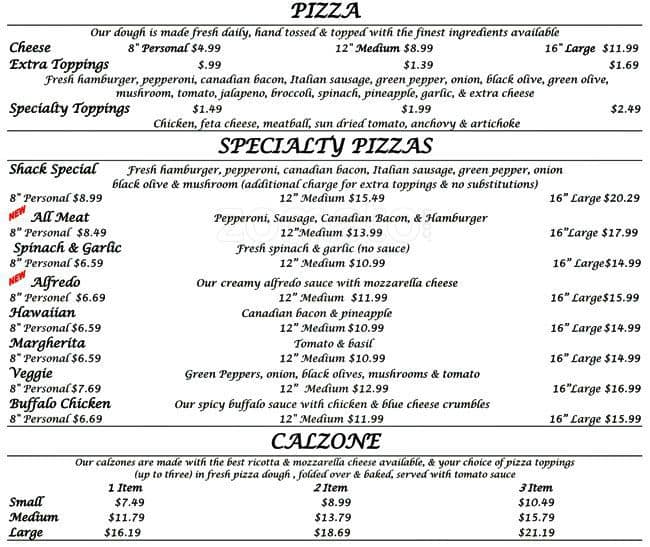 Menu at Pizza Shack pizzeria, Willis, 115 W Montgomery St