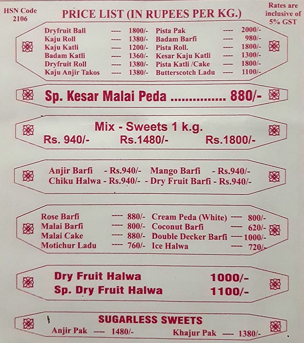 Menu of Eastern Sweets, Fort, Mumbai