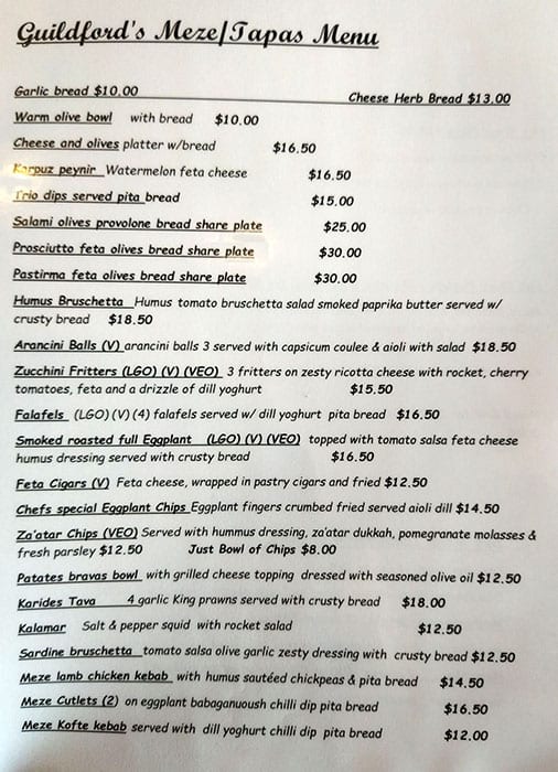 Menu at Guildford's Restaurant Cafe, Seaford