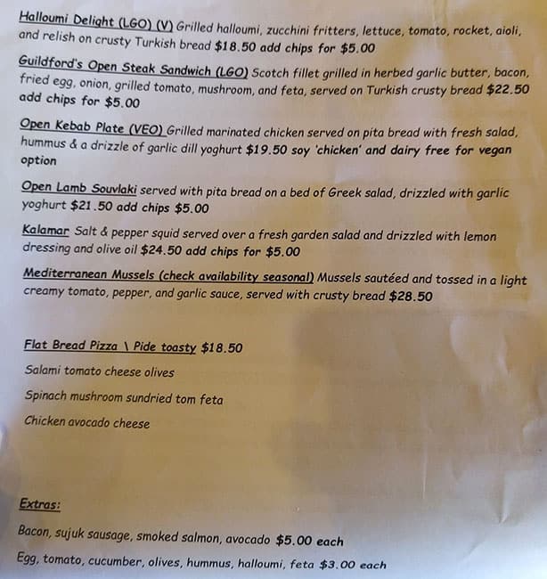 Menu at Guildford's Restaurant Cafe, Seaford