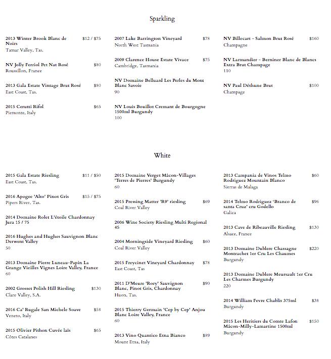 Menu at Fico restaurant, Hobart